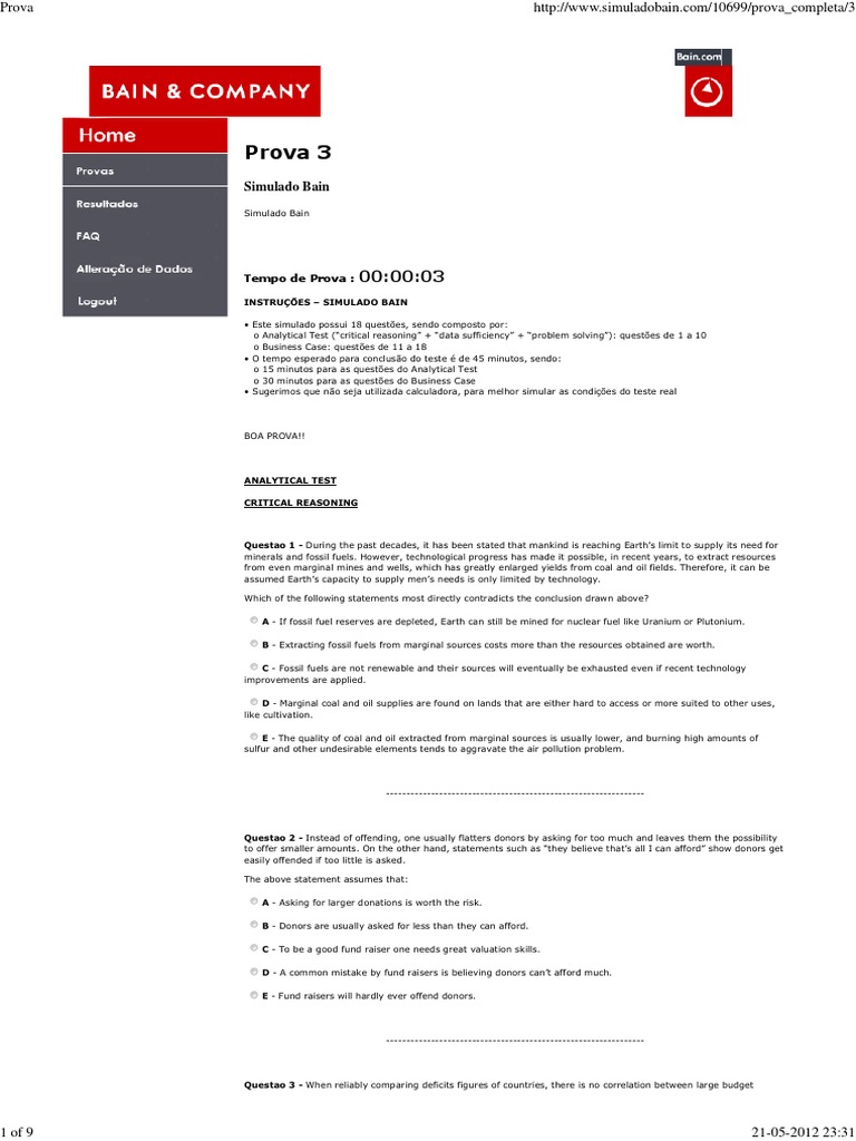 Bain - Company Test Example 3 Sem Resposta | PDF | Fuels | Investing