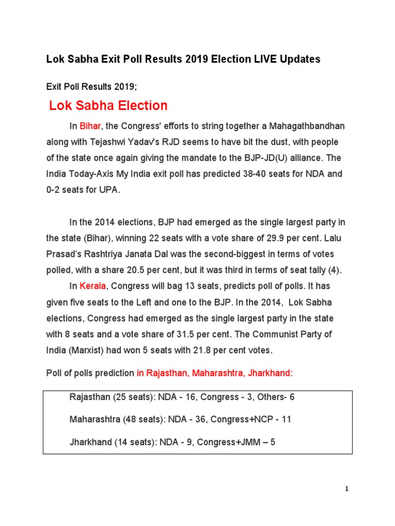 2019 Lok Sabha Exit Poll Predictions | PDF | Bharatiya Janata Party ...