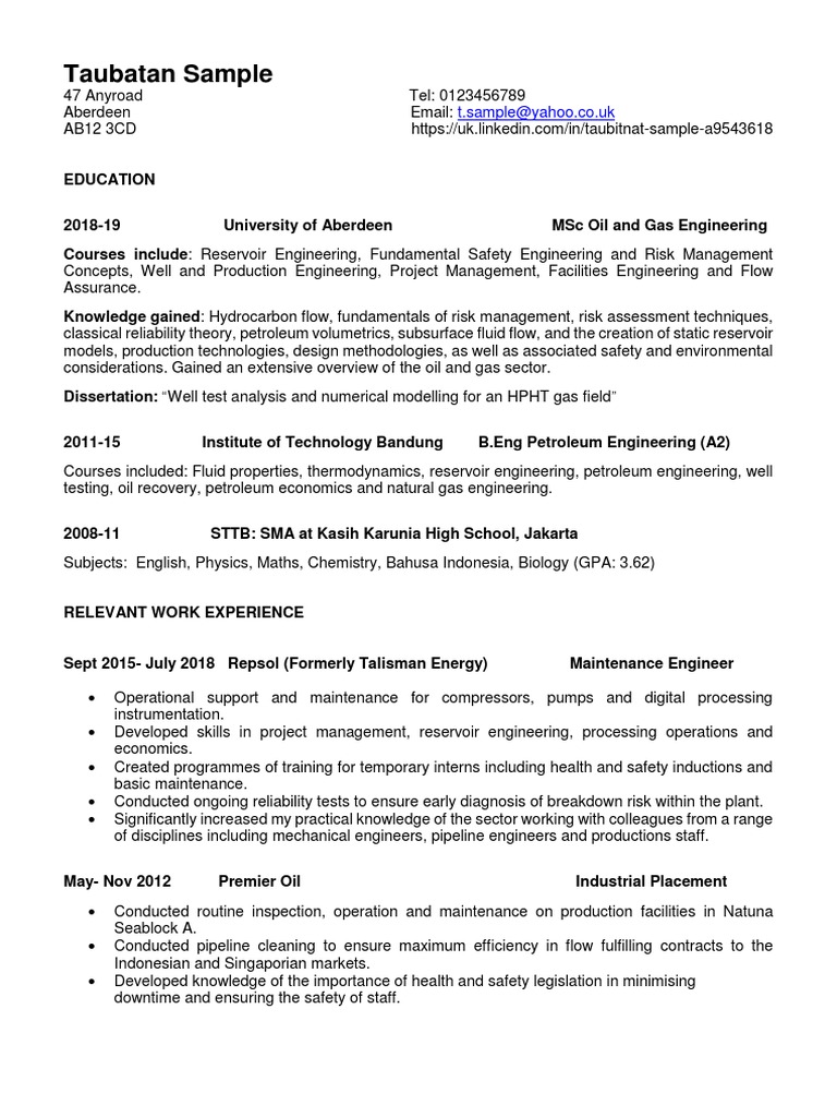 Oil and Gas Engineering CV Sample | PDF | Petroleum Reservoir | Engineering