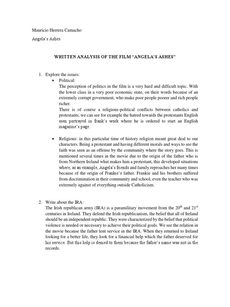 Written Analysis of The Film "Angela'S Ashes": TH ST | PDF ...