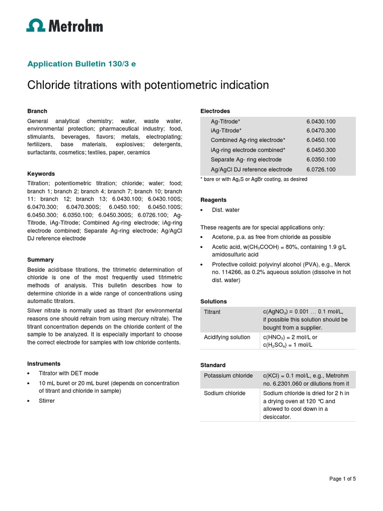 Chloride Titrations With Potentiometric Indication: Application ...
