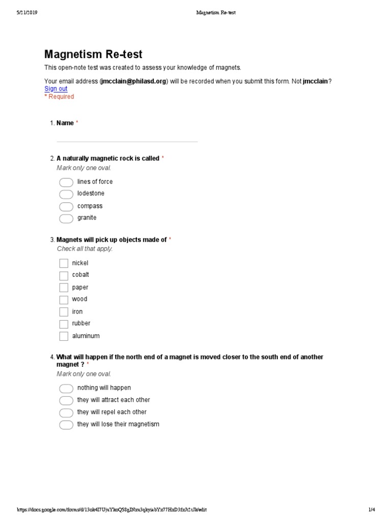 Magnetism Re-test for Class 6 | PDF | Magnetism | Magnet