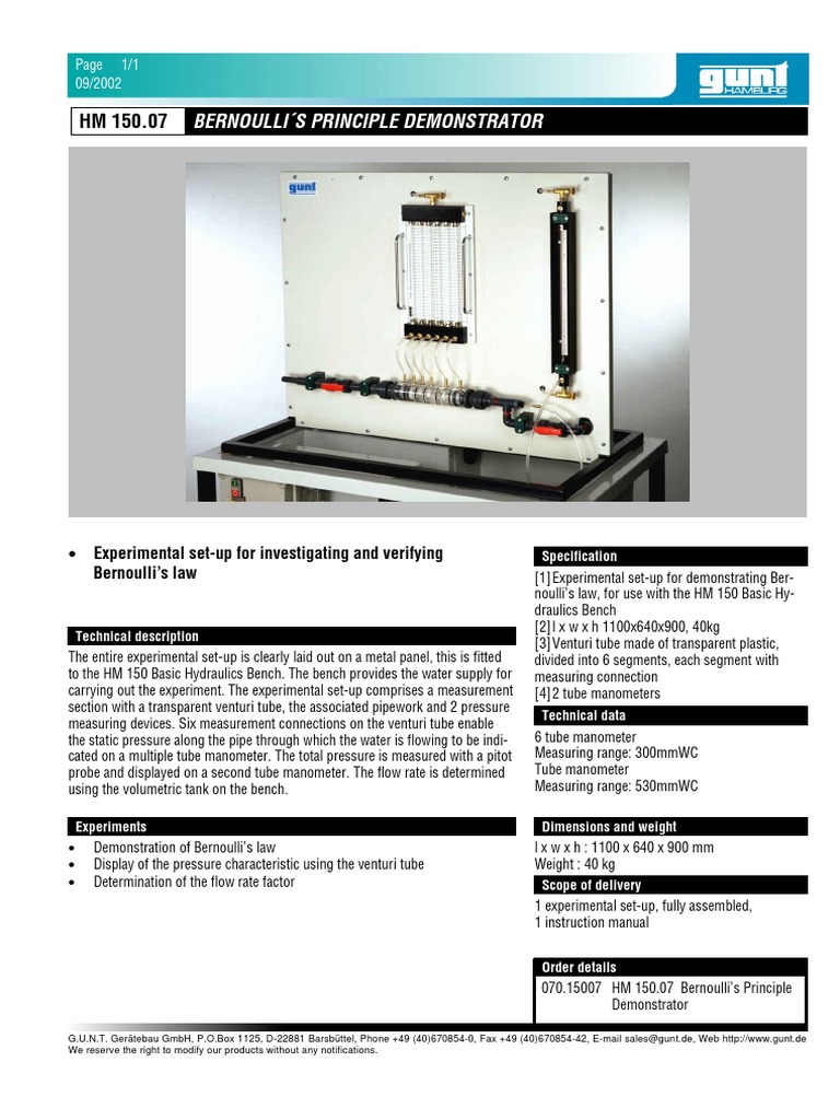 Bernoulli Equation Experiment | PDF | Pressure Measurement | Flow ...