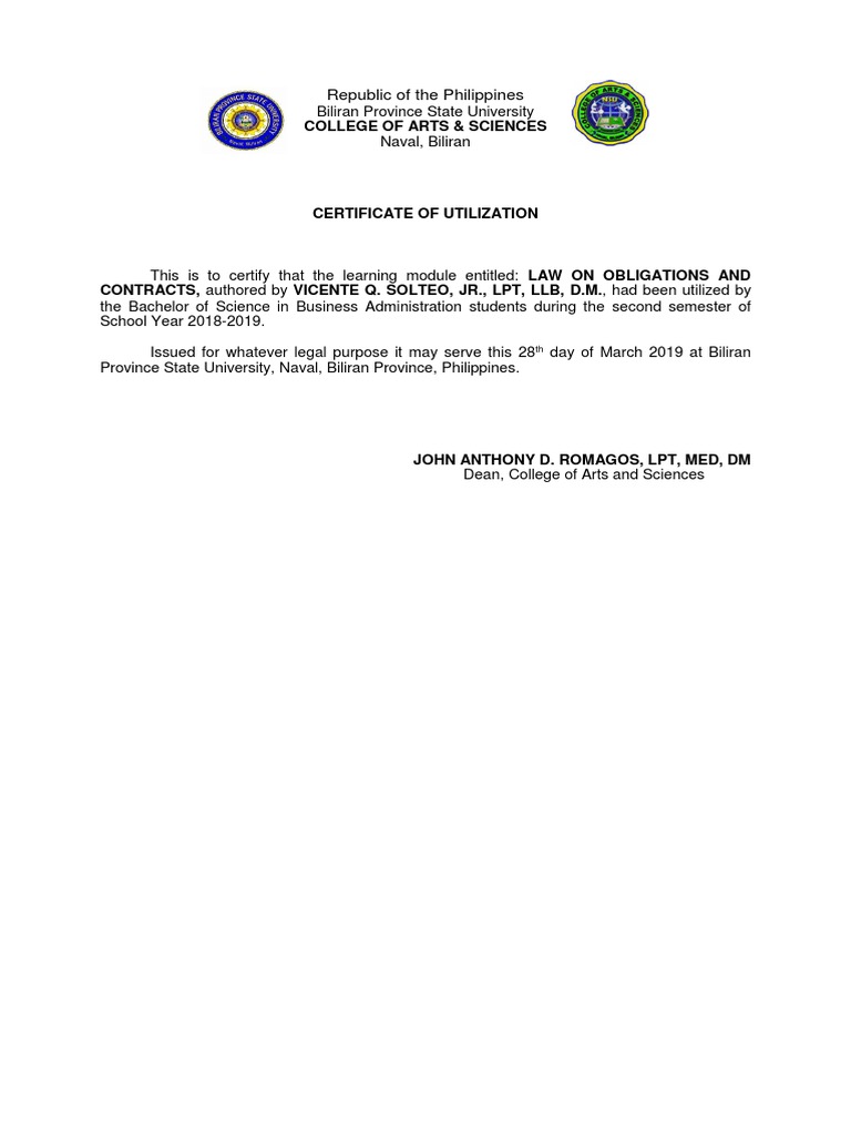 Certificate of Utilization for Law Module | PDF | Qualifications | Learning