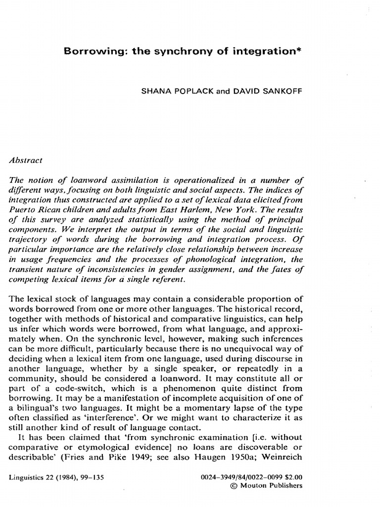 Poplack Sankoff 1984 - Borrowing The Synchrony of Integration PDF | PDF ...