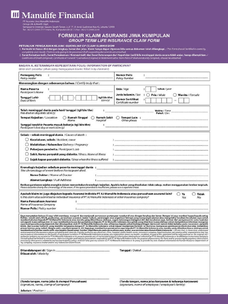 Formulir Klaim Asuransi Jiwa Kumpulan Manulife | PDF
