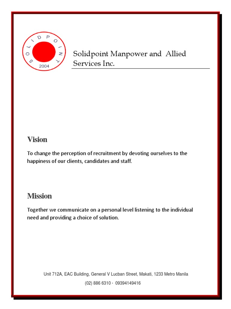Solidpoint Manpower and Allied Services Inc.: Vision | PDF | Career ...