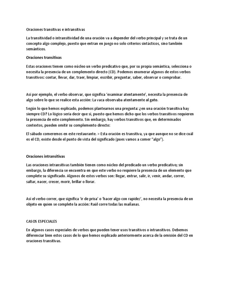 Oraciones Transitivas e Intransitivas | PDF | Verbo | Oración (Lingüística)