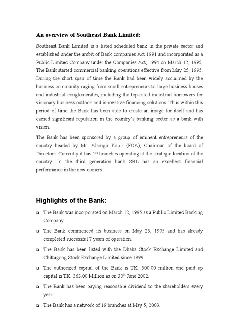 Overview of Southeast Bank Limited | PDF | Credit | Finance & Money ...