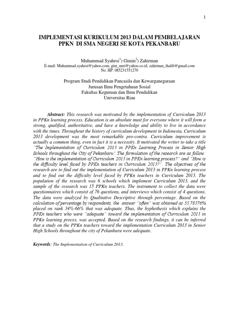 Implementasi Kurikulum 2013 Dalam Pembelajaran PPKN Di Sma Negeri Se ...