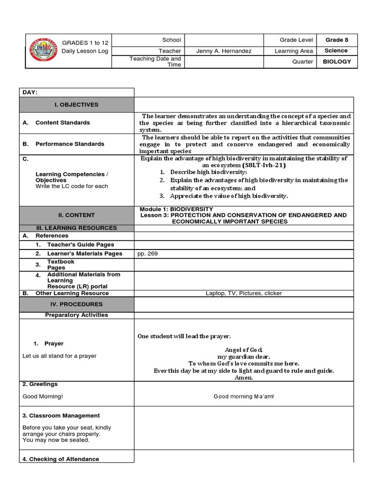 Grade 8 Biodiversity Lesson Plan | PDF | Biodiversity | Sustainability
