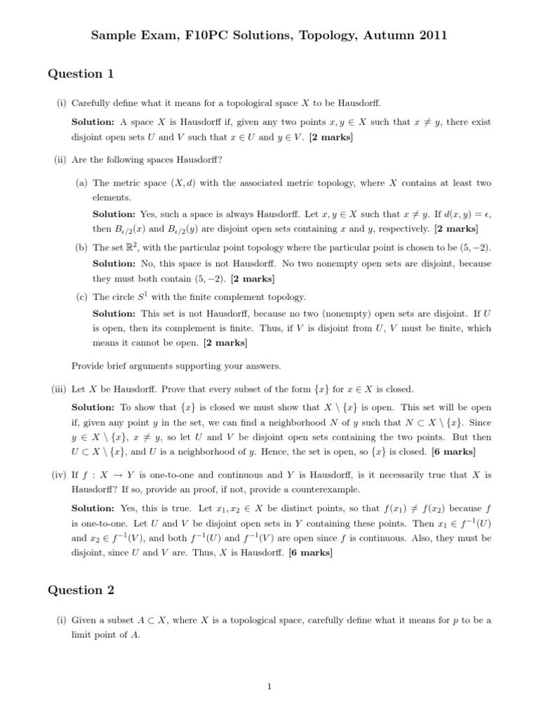 Sample Exam F10pc Solutions Topology Autumn 2011 Pdf Continuous Function Mathematical