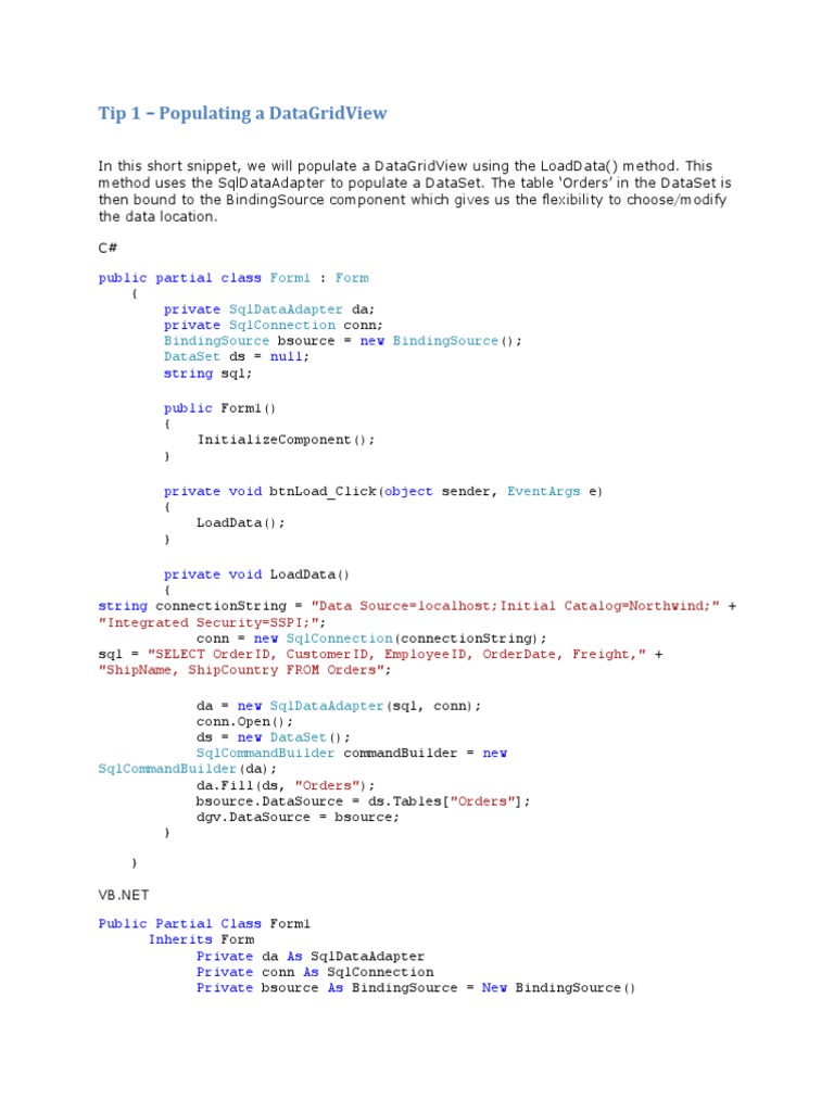 Gridview Tips On Populating Gridview Examples In C And Vb Net Pdf C Sharp 