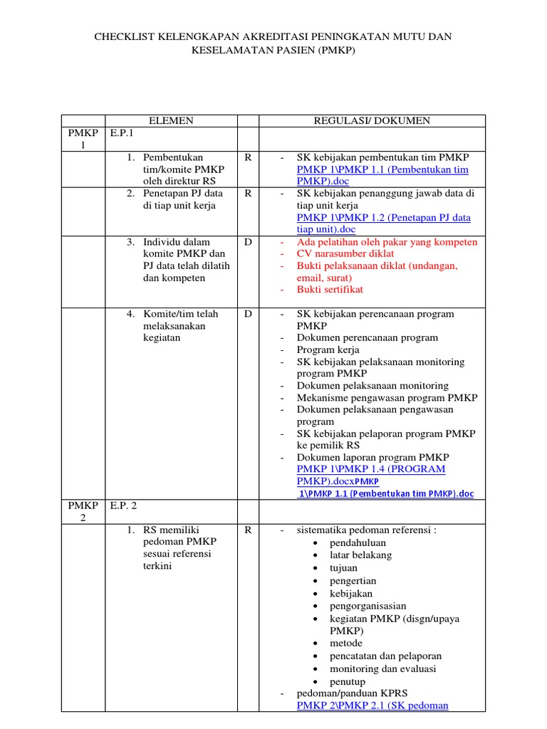 Checklist Akreditasi PMKP RS | PDF