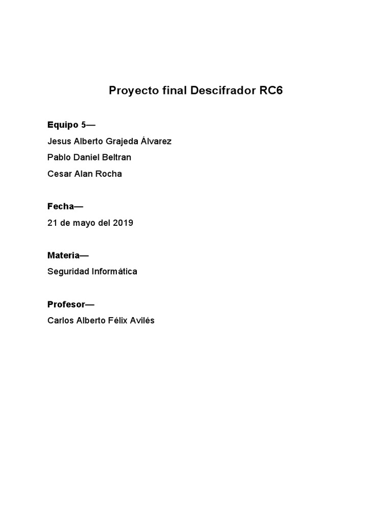 Reporte de Cifrado RC6 (Proyecto Final) | PDF | Criptografía | Algoritmos