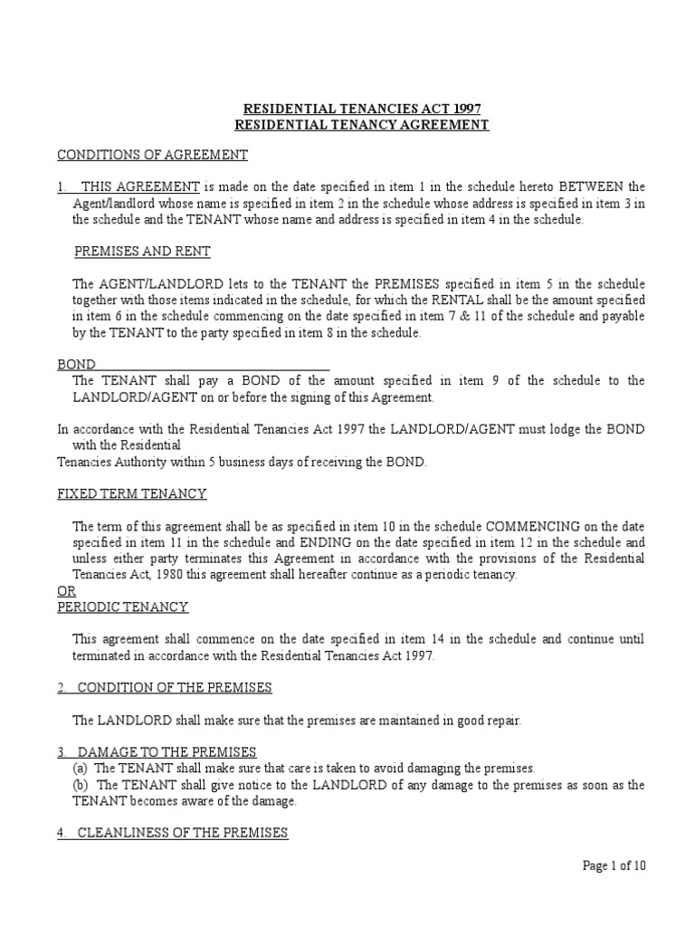 Residential Tenancies Act 1997 Residential Tenancy Agreement | Leasehold Estate | Landlord