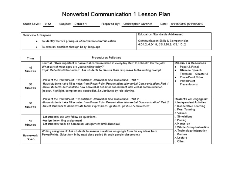Nonverbal Lesson Plan 1 | PDF | Nonverbal Communication | Homework