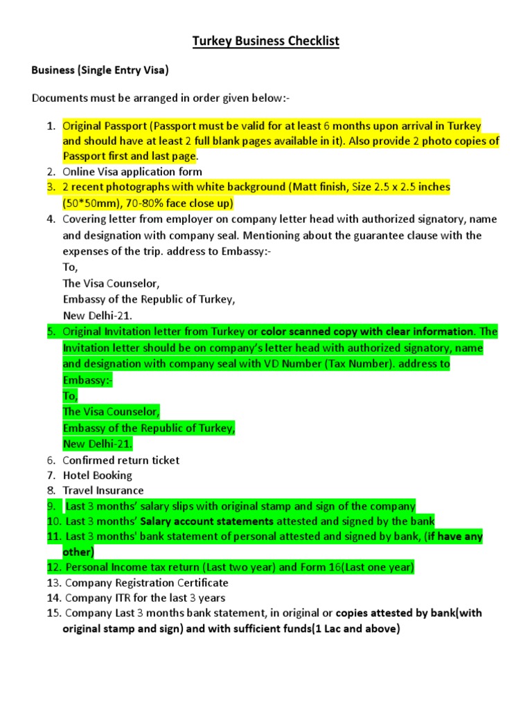 Turkey Business Visa Document Checklist | PDF