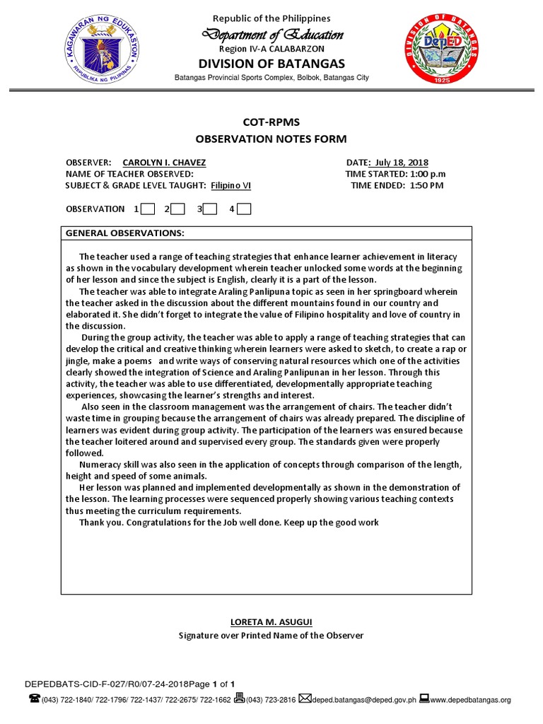 Cot Sample | PDF | Teachers | Curriculum