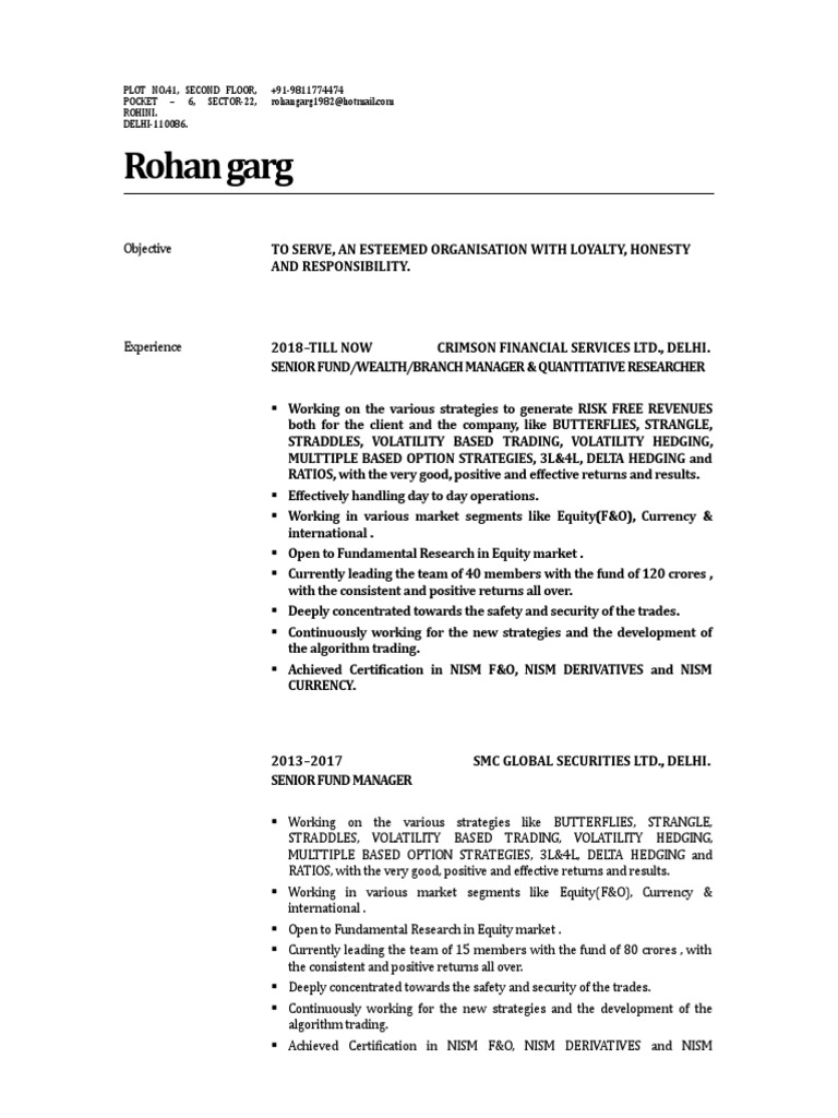 Professional Resume-ROHAN GARG | PDF | Hedge (Finance) | Option (Finance)