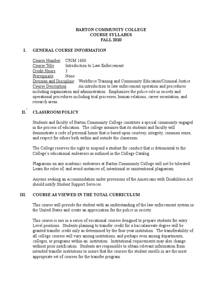 Introduction to Law Enforcement Syllabus | PDF | Police | Competence ...