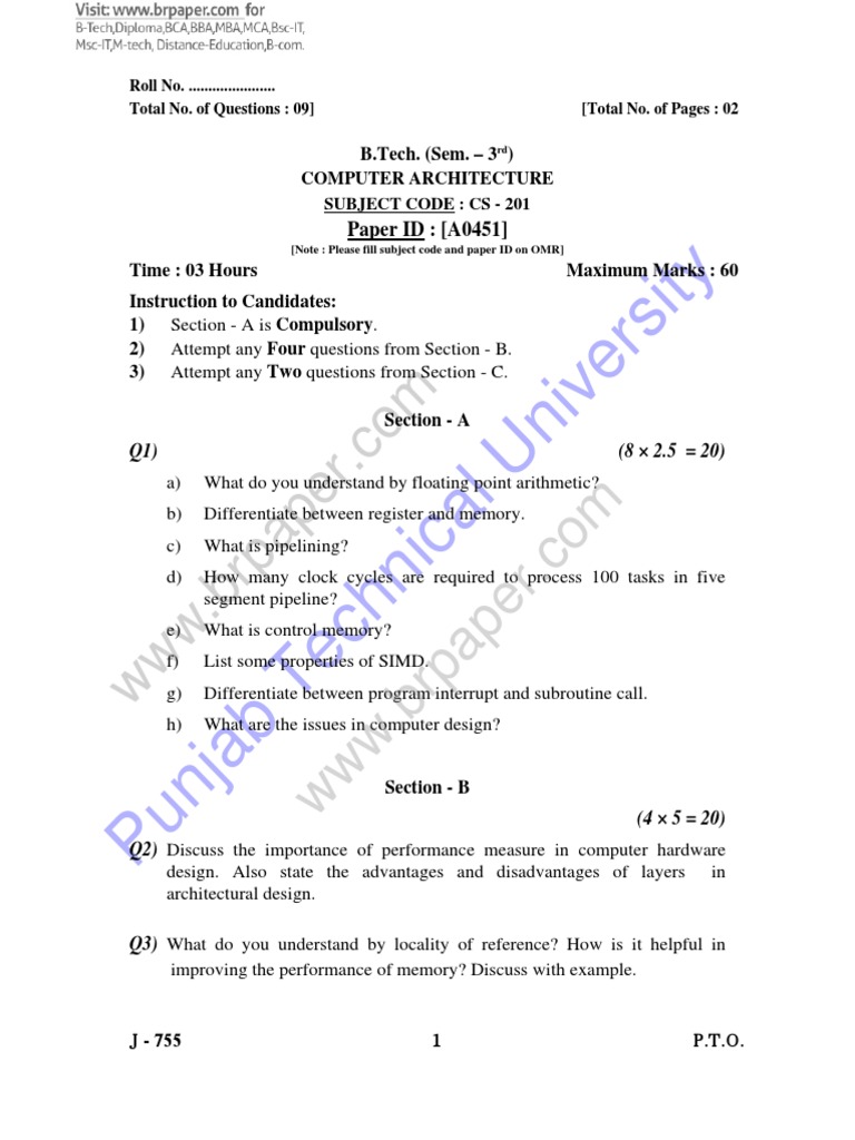 Punjab Technical University: B.Tech. (Sem. - 3) Computer Architecture ...
