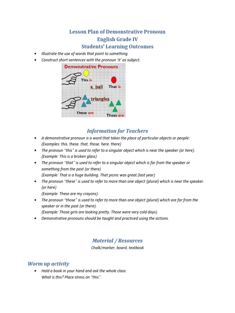 Lesson Plan of Demonstrative Pronoun PDF | PDF | Grammatical Gender ...