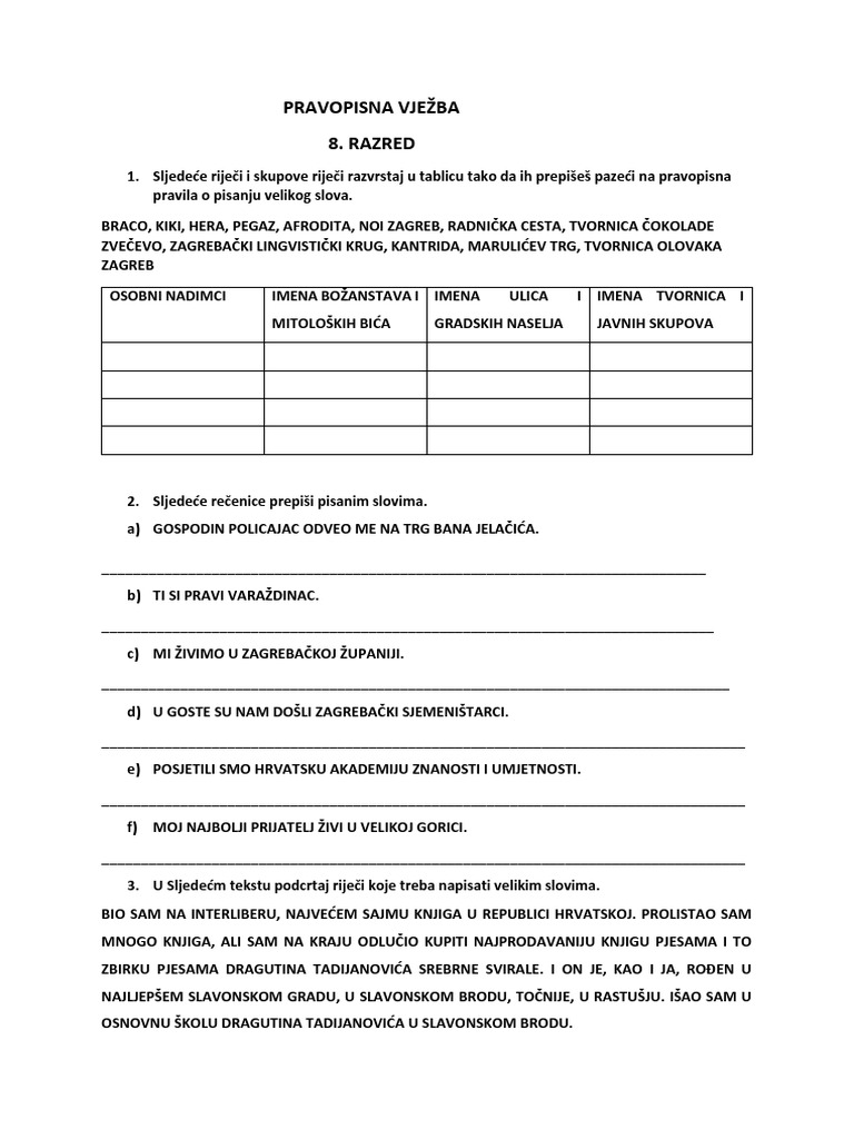 PRAVOPISNA VJEŽBA - 8. Razred | PDF