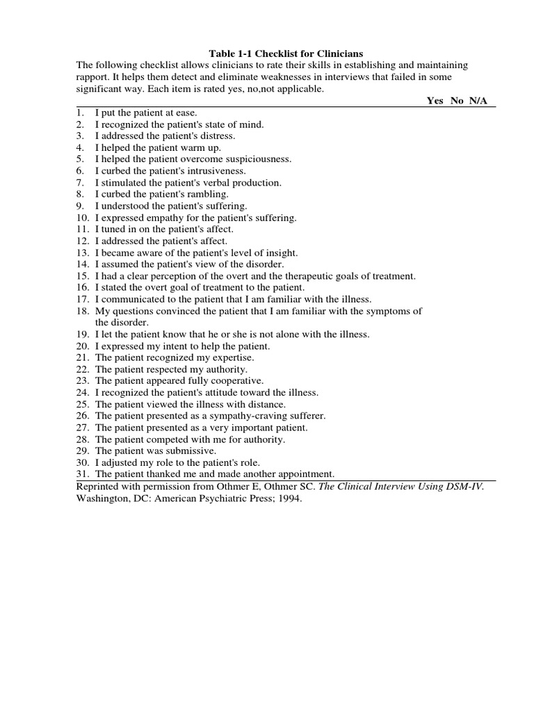 Table 1-1 Checklist For Clinicians | PDF | Mental Disorder | Patient