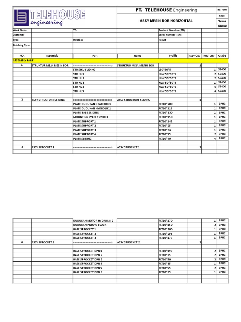 PT. TELEHOUSE Engineering: Assy Mesin Bor Horizontal | PDF