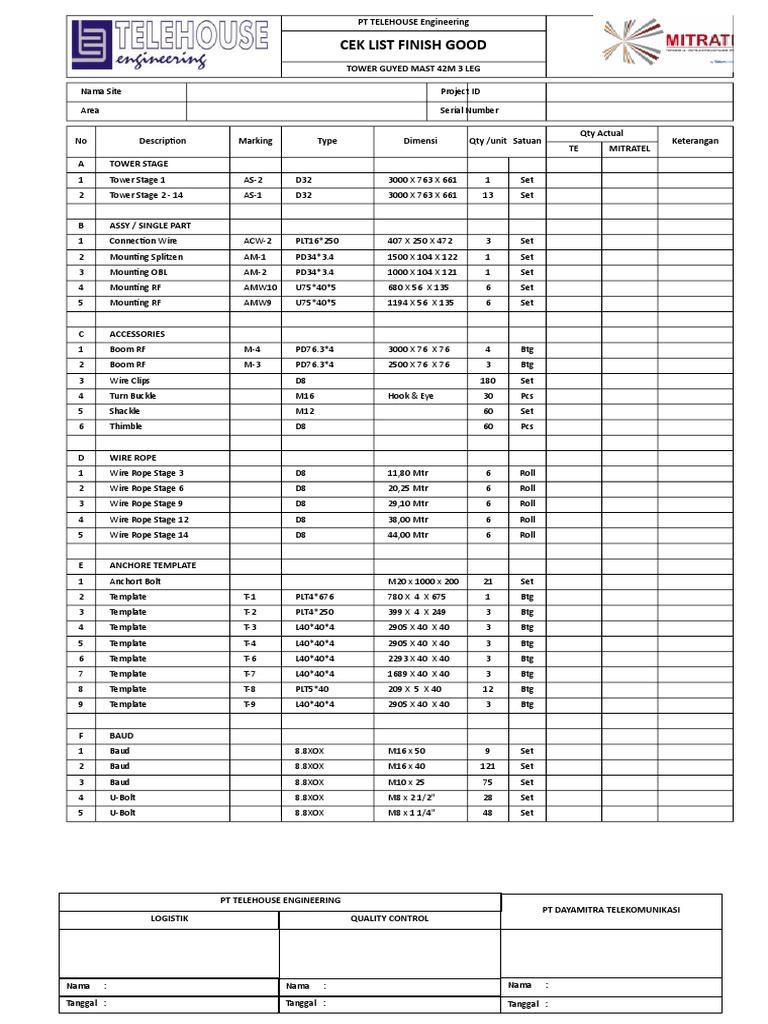 Checklist Finish Good Engineering | PDF | Rope | Wire