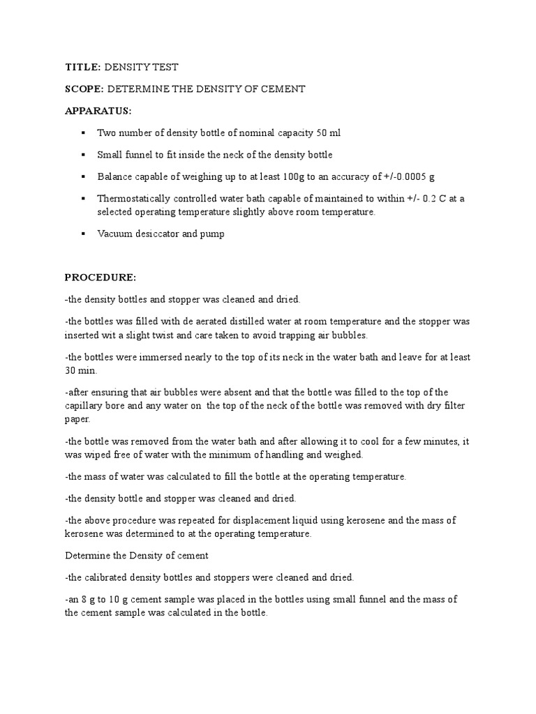 Title: Density Test Scope: Determine The Density of Cement Apparatus ...