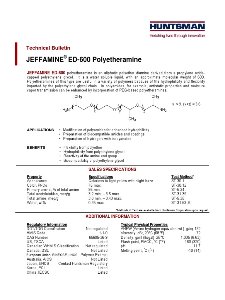 Jeffamine® Ed-600 | PDF | Polyethylene Glycol | Stainless Steel