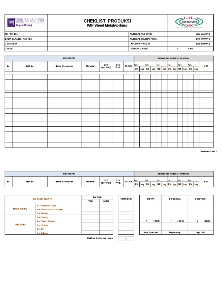 Form Checklist Produksi-SheetMetal | PDF