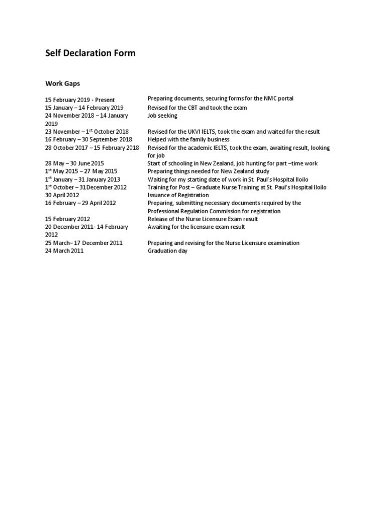 Self Declaration Form: Work Gaps | PDF