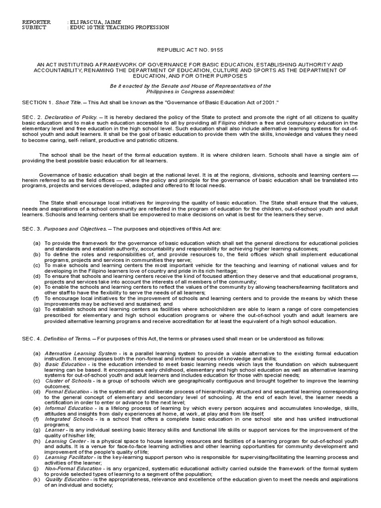 Republic Act No. 9155 Handout | PDF | Governance | Teachers