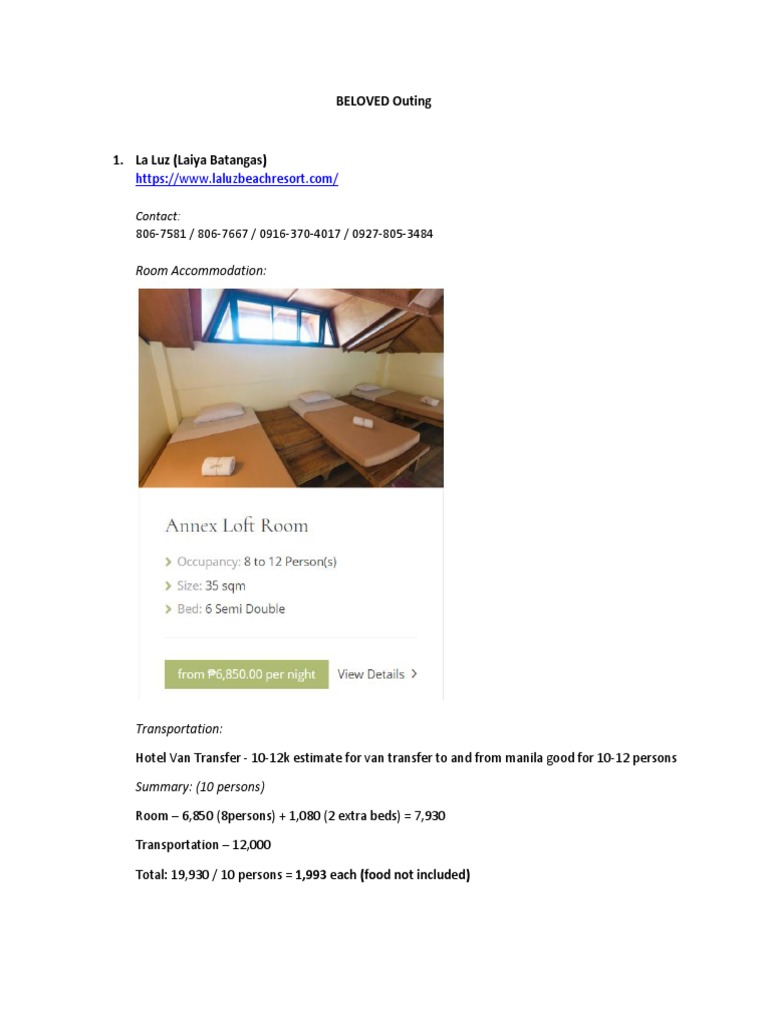 BELOVED Outing: Room Accommodation | PDF | Eating Behaviors Of Humans ...