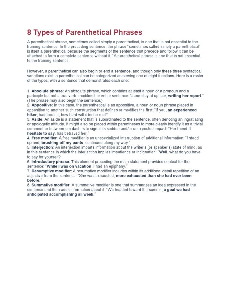8 Types of Parenthetical Phrases | PDF