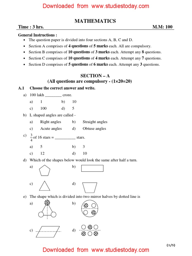 CBSE Class 5 Mathematics Sample Paper Set U | PDF | Area | Rectangle