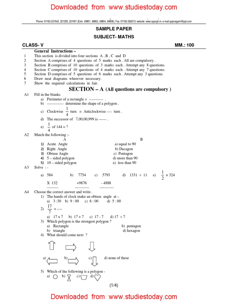 CBSE Class 5 Mathematics Sample Paper Set N | PDF | Geometry ...
