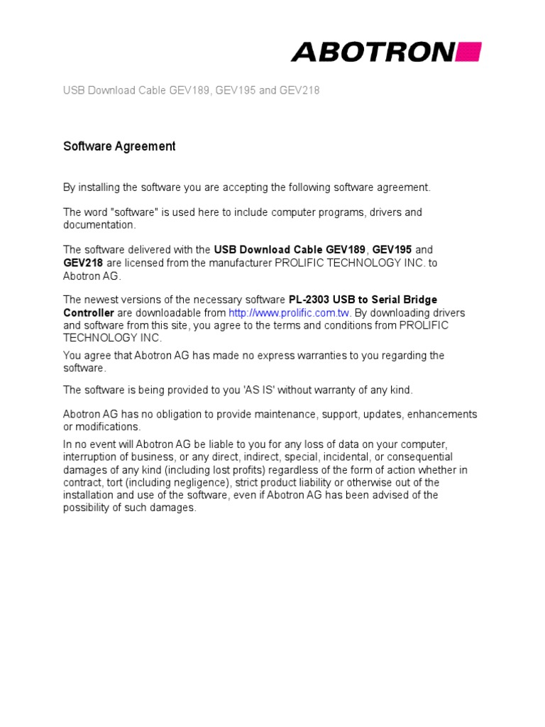 Software Agreement: USB Download Cable GEV189, GEV195 and GEV218 | PDF ...