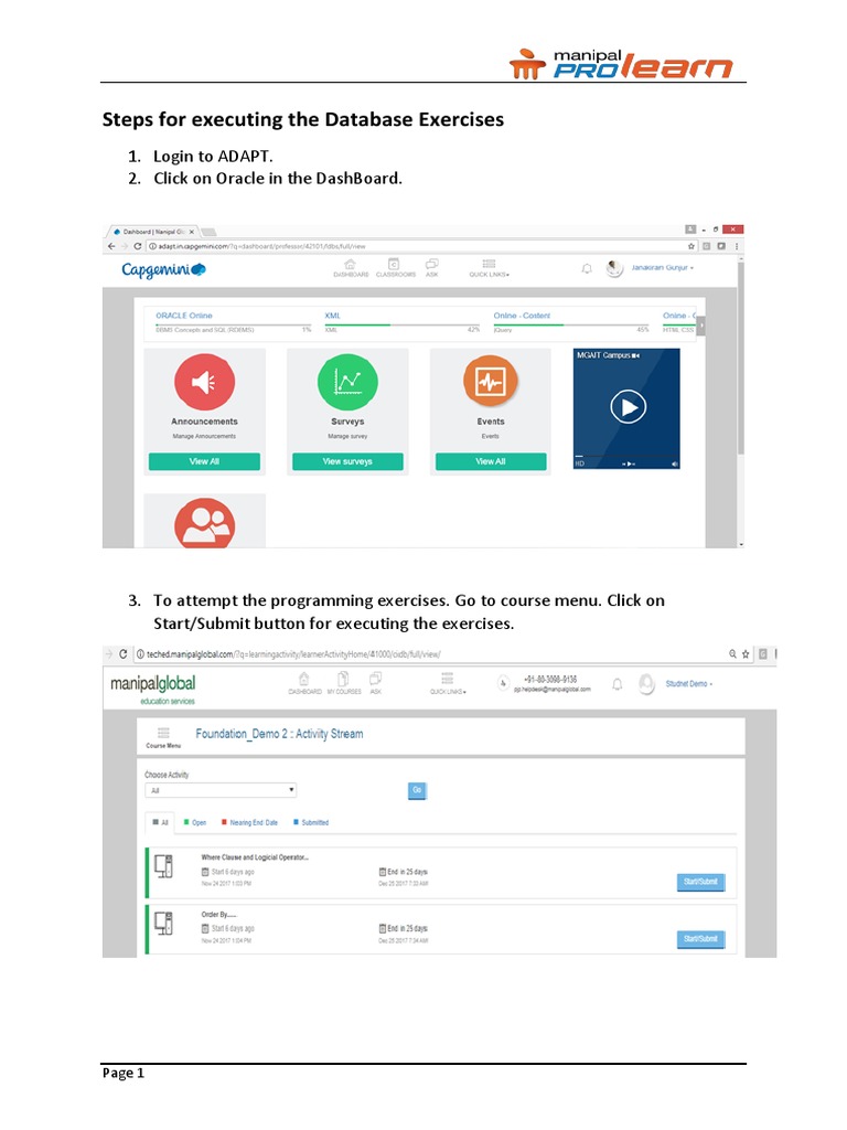 Steps For Executing The Database Exercises: 1. Login To Adapt. 2. Click On Oracle in The ...