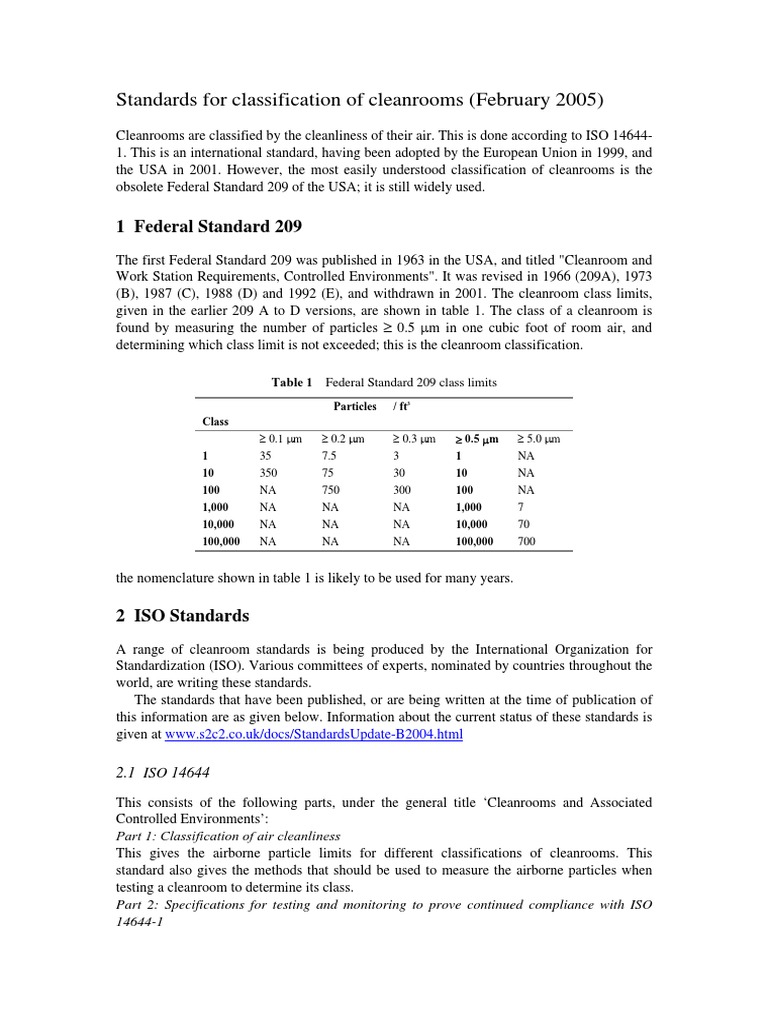 Standards For Classification of Cleanrooms (February 2005) : 1 Federal ...