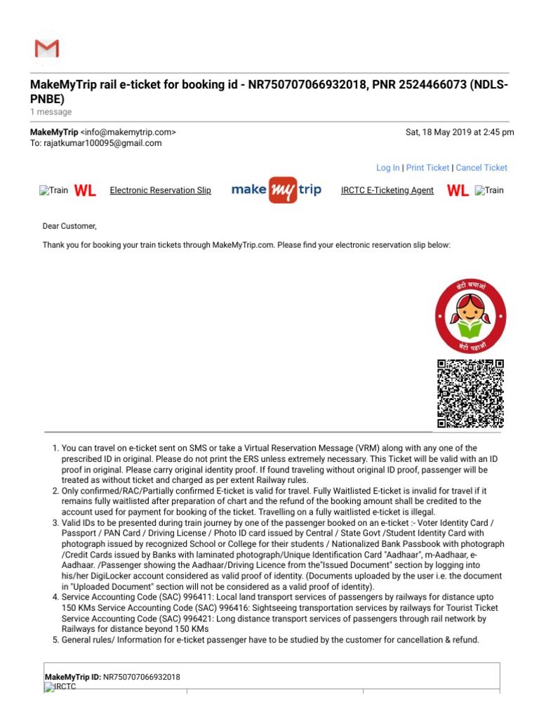 WL WL: Makemytrip Rail E-Ticket For Booking Id - Nr750707066932018, PNR ...