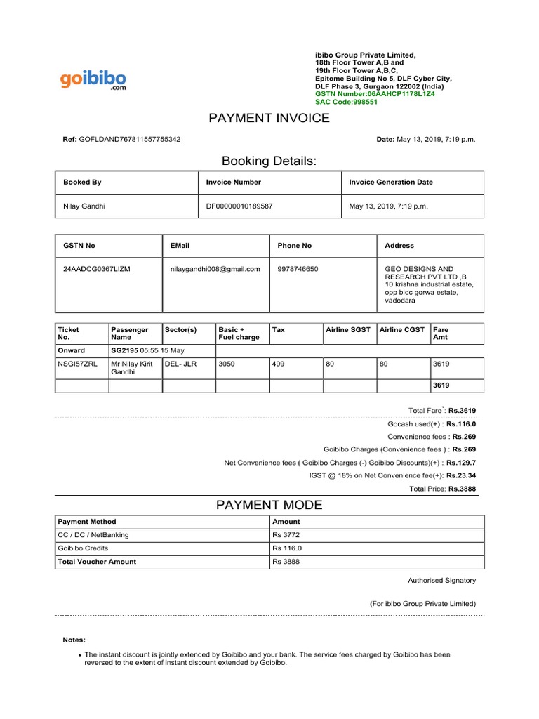 Payment Invoice: GSTN Number:06AAHCP1178L1Z4 SAC Code:998551 | PDF ...