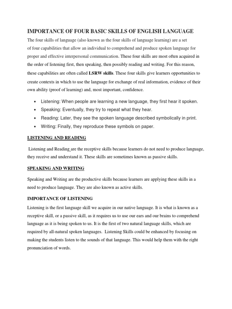 Importance of Four Basic Skills of English Language | PDF | Reading ...