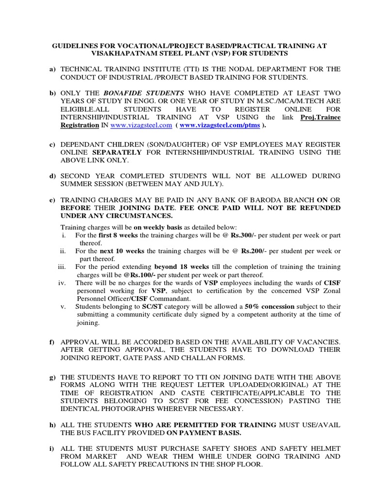 Guidelines For Industrial Training at VSP | PDF | Government ...