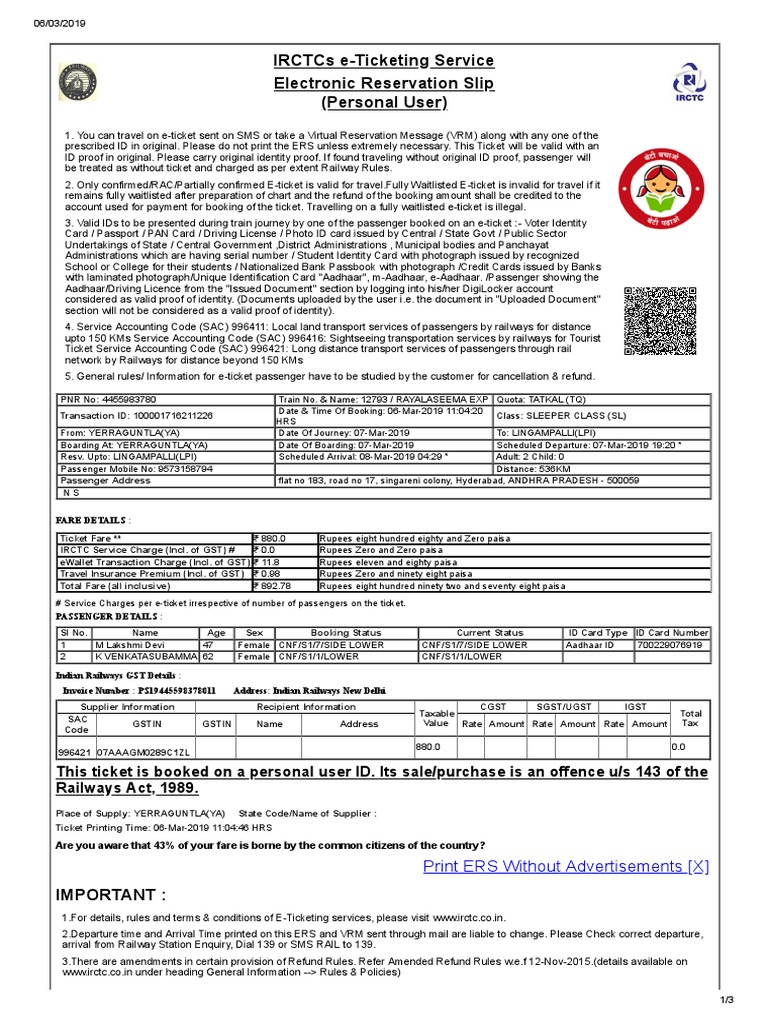 Irctcs E-Ticketing Service Electronic Reservation Slip (Personal User) | PDF | Identity Document ...