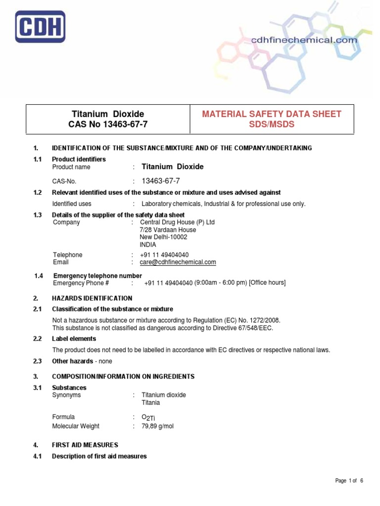 Titanium Dioxide CAS No 13463-67-7: Material Safety Data Sheet Sds/Msds ...