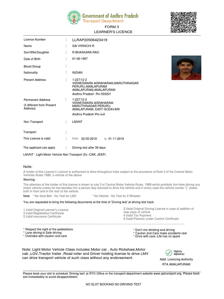 LLR Virinchi PDF | PDF | Driver's License | Driving